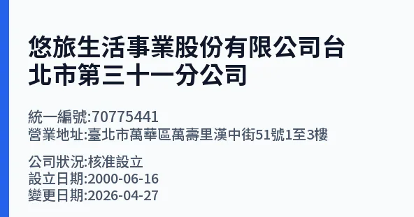 悠旅生活事業股份有限公司台北市第三十一分公司的照片-統編 70775441(臺北市) 公司登記資料與營業項目詳細圖表