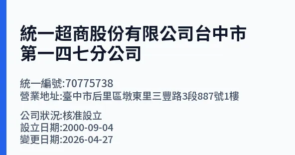 統一超商股份有限公司台中市第一四七分公司的照片-統編 70775738(臺中市) 公司登記資料與營業項目詳細圖表