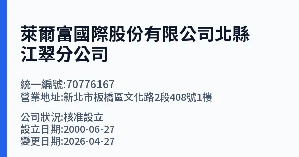 萊爾富國際股份有限公司北縣江翠分公司的照片-統編 70776167(新北市) 公司登記資料與營業項目詳細圖表
