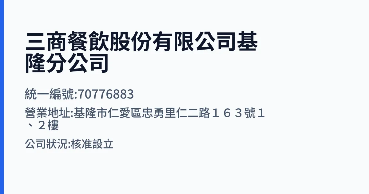 三商餐飲股份有限公司基隆分公司 - 統編 70776883(基隆市) 公司登記資料與營業項目詳細圖表