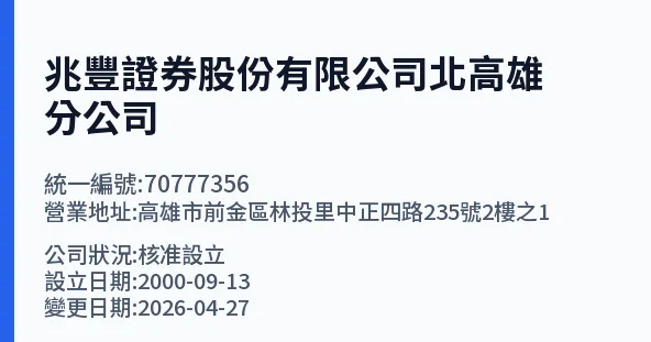 兆豐證券股份有限公司北高雄分公司的照片-統編 70777356(高雄市) 公司登記資料與營業項目詳細圖表