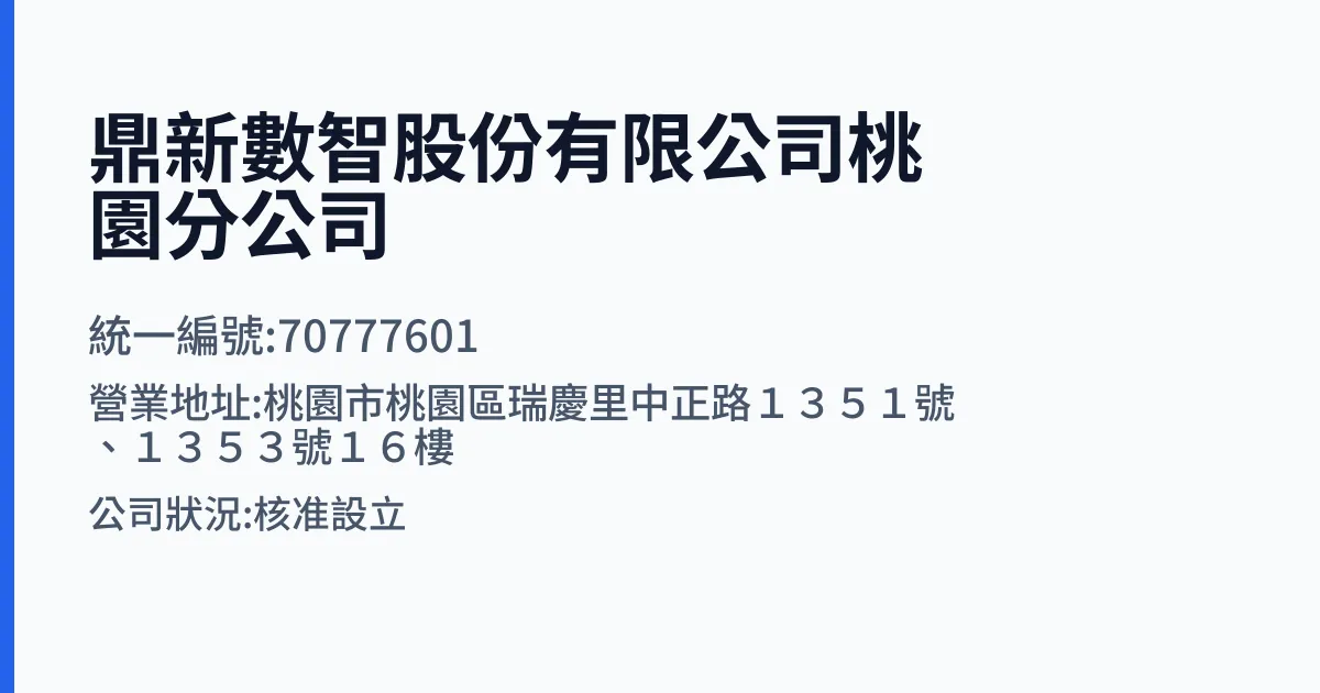 鼎新數智股份有限公司桃園分公司 - 統編 70777601(桃園市) 公司登記資料與營業項目詳細圖表