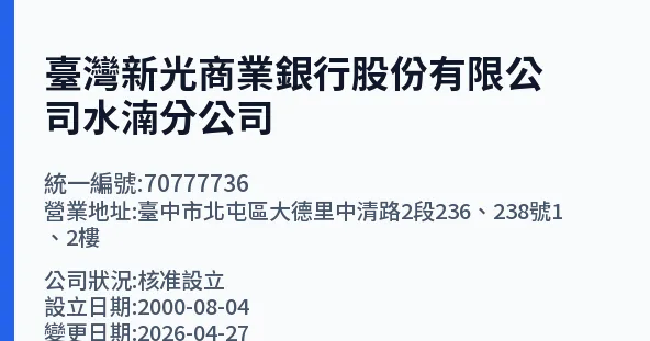 臺灣新光商業銀行股份有限公司水湳分公司的照片-統編 70777736(臺中市) 公司登記資料與營業項目詳細圖表