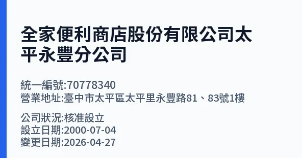 全家便利商店股份有限公司太平永豐分公司的照片-統編 70778340(臺中市) 公司登記資料與營業項目詳細圖表