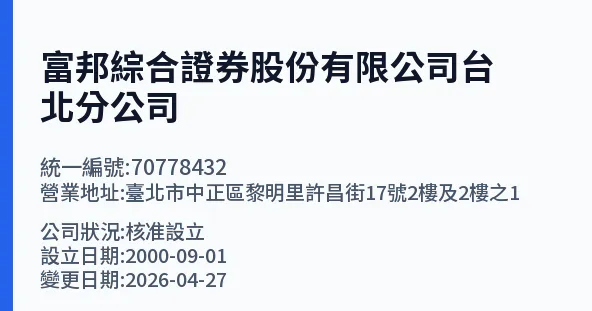 富邦綜合證券股份有限公司台北分公司的照片-統編 70778432(臺北市) 公司登記資料與營業項目詳細圖表