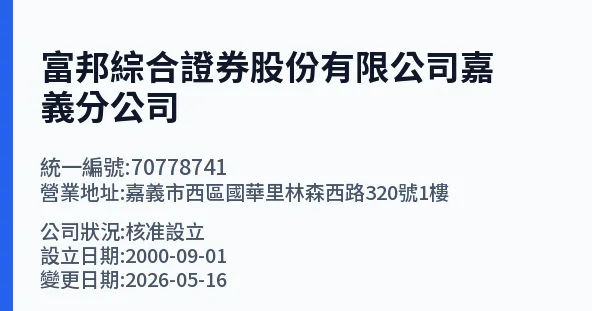 富邦綜合證券股份有限公司嘉義分公司的照片-統編 70778741(嘉義市) 公司登記資料與營業項目詳細圖表