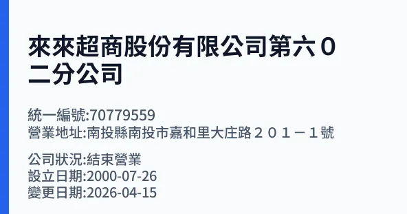 來來超商股份有限公司第六０二分公司的照片-統編 70779559(南投縣) 公司登記資料與營業項目詳細圖表