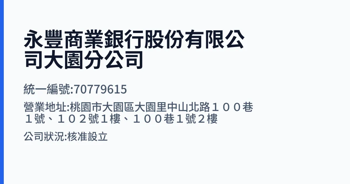 永豐商業銀行股份有限公司大園分公司 - 統編 70779615(桃園市) 公司登記資料與營業項目詳細圖表