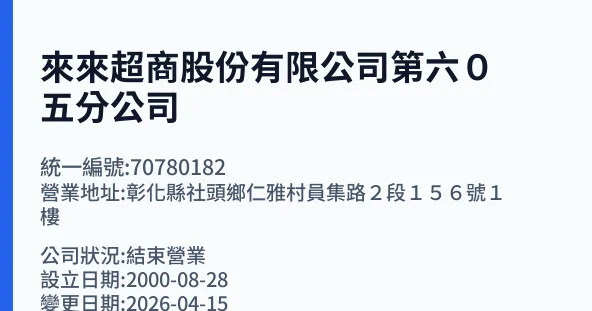 來來超商股份有限公司第六０五分公司的照片-統編 70780182(彰化縣) 公司登記資料與營業項目詳細圖表