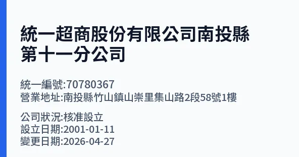 統一超商股份有限公司南投縣第十一分公司的照片-統編 70780367(南投縣) 公司登記資料與營業項目詳細圖表