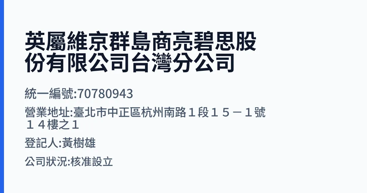 英屬維京群島商亮碧思股份有限公司台灣分公司 - 統編 70780943(臺北市) 公司登記資料與營業項目詳細圖表