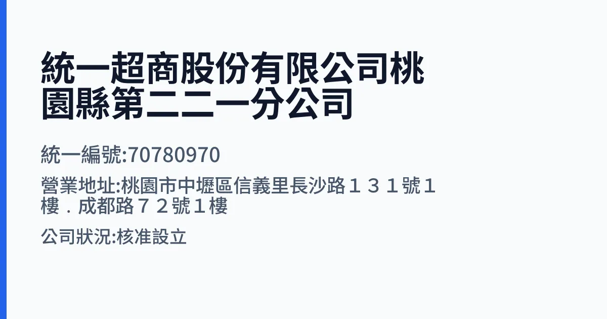 統一超商股份有限公司桃園縣第二二一分公司 - 統編 70780970（桃園市） 公司登記資料與營業項目詳細圖表