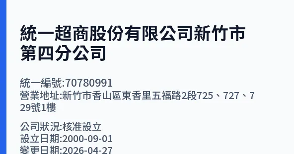 統一超商股份有限公司新竹市第四分公司的照片-統編 70780991(新竹市) 公司登記資料與營業項目詳細圖表