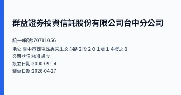 群益證券投資信託股份有限公司台中分公司的照片-統編 70781056(臺中市) 公司登記資料與營業項目詳細圖表