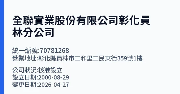 全聯實業股份有限公司彰化員林分公司的照片-統編 70781268(彰化縣) 公司登記資料與營業項目詳細圖表
