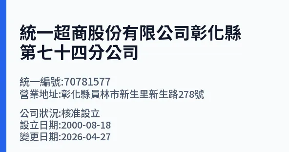 統一超商股份有限公司彰化縣第七十四分公司的照片-統編 70781577(彰化縣) 公司登記資料與營業項目詳細圖表