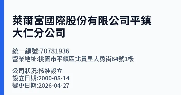 萊爾富國際股份有限公司平鎮大仁分公司的照片-統編 70781936(桃園市) 公司登記資料與營業項目詳細圖表