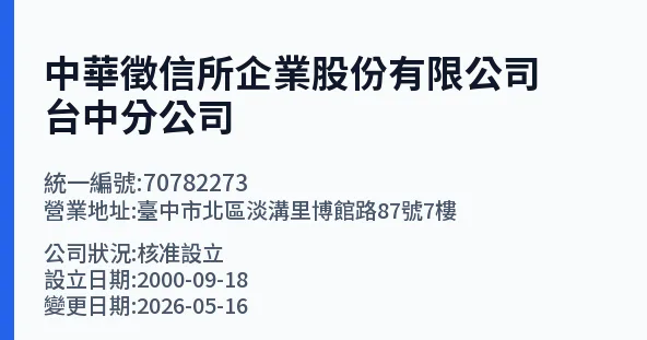 中華徵信所企業股份有限公司台中分公司的照片-統編 70782273(臺中市) 公司登記資料與營業項目詳細圖表