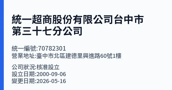 統一超商股份有限公司台中市第三十七分公司的照片-統編 70782301(臺中市) 公司登記資料與營業項目詳細圖表