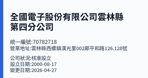 全國電子股份有限公司雲林縣第四分公司的照片-統編 70782718(雲林縣) 公司登記資料與營業項目詳細圖表