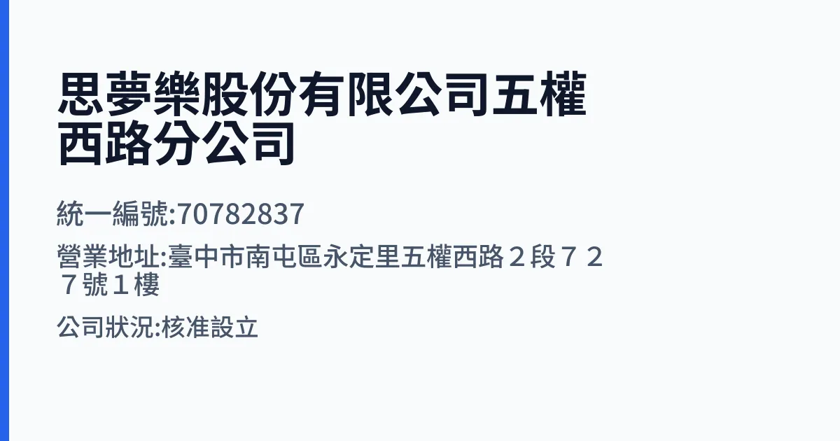 思夢樂股份有限公司五權西路分公司 - 統編 70782837(臺中市) 公司登記資料與營業項目詳細圖表