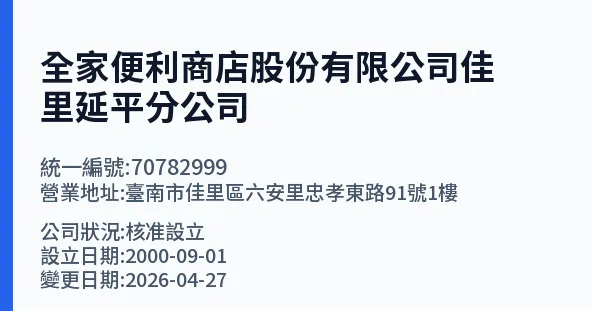 全家便利商店股份有限公司佳里延平分公司的照片-統編 70782999(臺南市) 公司登記資料與營業項目詳細圖表