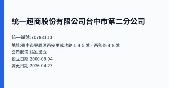 統一超商股份有限公司台中市第二分公司的照片-統編 70783110(臺中市) 公司登記資料與營業項目詳細圖表