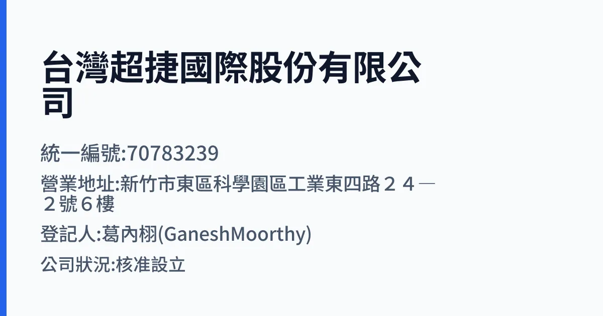 台灣超捷國際股份有限公司 - 統編 70783239(新竹市) 公司登記資料與營業項目詳細圖表