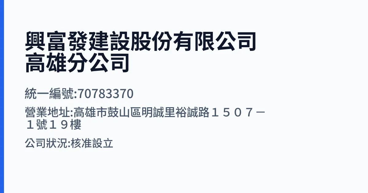 興富發建設股份有限公司高雄分公司 - 統編 70783370(高雄市) 公司登記資料與營業項目詳細圖表
