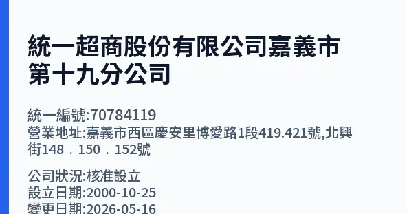 統一超商股份有限公司嘉義市第十九分公司的照片-統編 70784119(嘉義市) 公司登記資料與營業項目詳細圖表