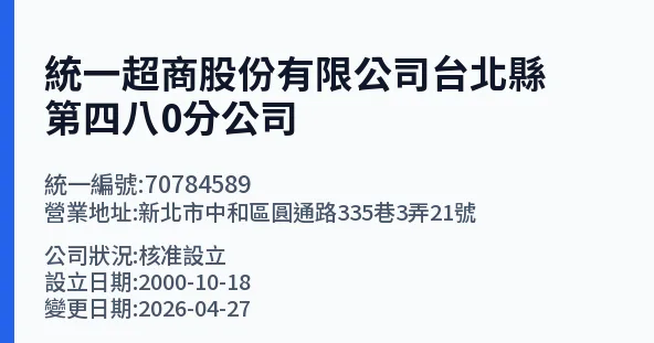 統一超商股份有限公司台北縣第四八0分公司的照片-統編 70784589(新北市) 公司登記資料與營業項目詳細圖表