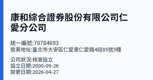 康和綜合證券股份有限公司仁愛分公司的照片-統編 70784693(臺北市) 公司登記資料與營業項目詳細圖表