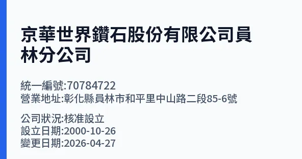 京華世界鑽石股份有限公司員林分公司的照片-統編 70784722(彰化縣) 公司登記資料與營業項目詳細圖表