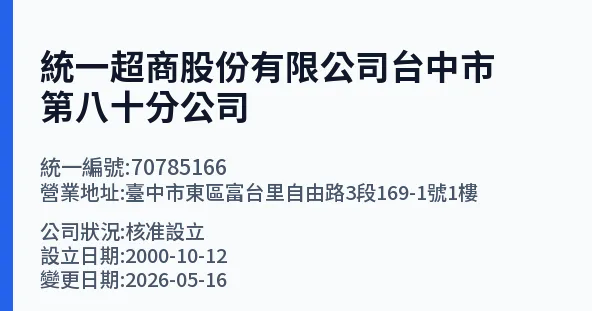 統一超商股份有限公司台中市第八十分公司的照片-統編 70785166(臺中市) 公司登記資料與營業項目詳細圖表