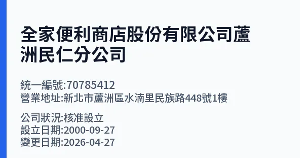 全家便利商店股份有限公司蘆洲民仁分公司的照片-統編 70785412(新北市) 公司登記資料與營業項目詳細圖表