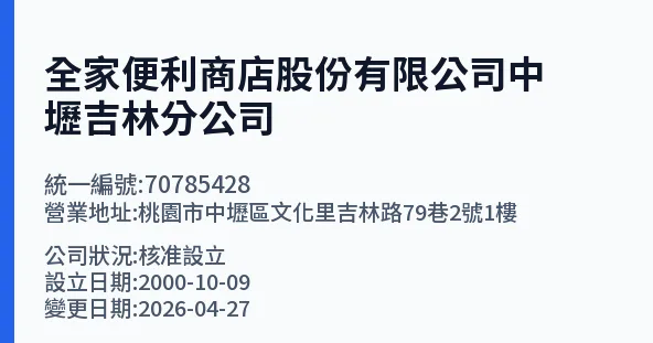 全家便利商店股份有限公司中壢吉林分公司的照片-統編 70785428(桃園市) 公司登記資料與營業項目詳細圖表
