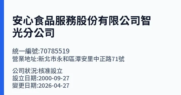 安心食品服務股份有限公司智光分公司的照片-統編 70785519(新北市) 公司登記資料與營業項目詳細圖表