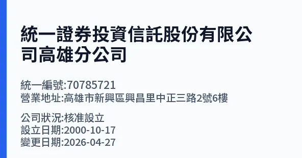 統一證券投資信託股份有限公司高雄分公司的照片-統編 70785721(高雄市) 公司登記資料與營業項目詳細圖表