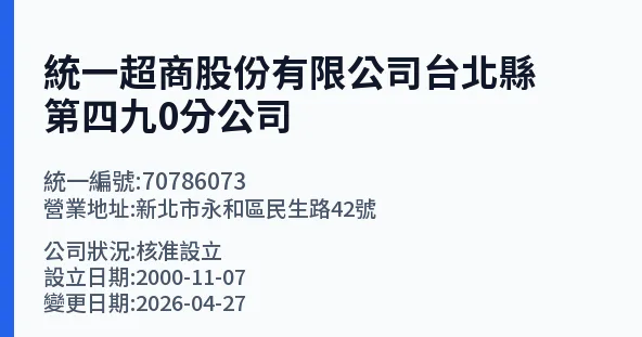 統一超商股份有限公司台北縣第四九0分公司的照片-統編 70786073(新北市) 公司登記資料與營業項目詳細圖表