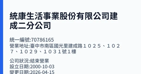 統康生活事業股份有限公司建成二分公司的照片-統編 70786165(臺中市) 公司登記資料與營業項目詳細圖表