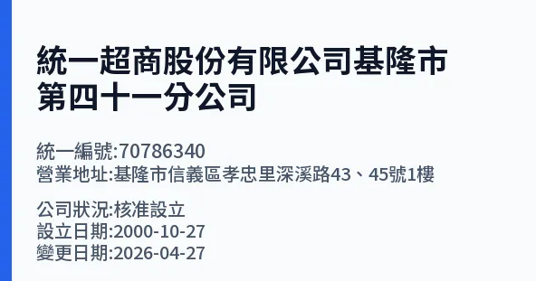 統一超商股份有限公司基隆市第四十一分公司的照片-統編 70786340(基隆市) 公司登記資料與營業項目詳細圖表