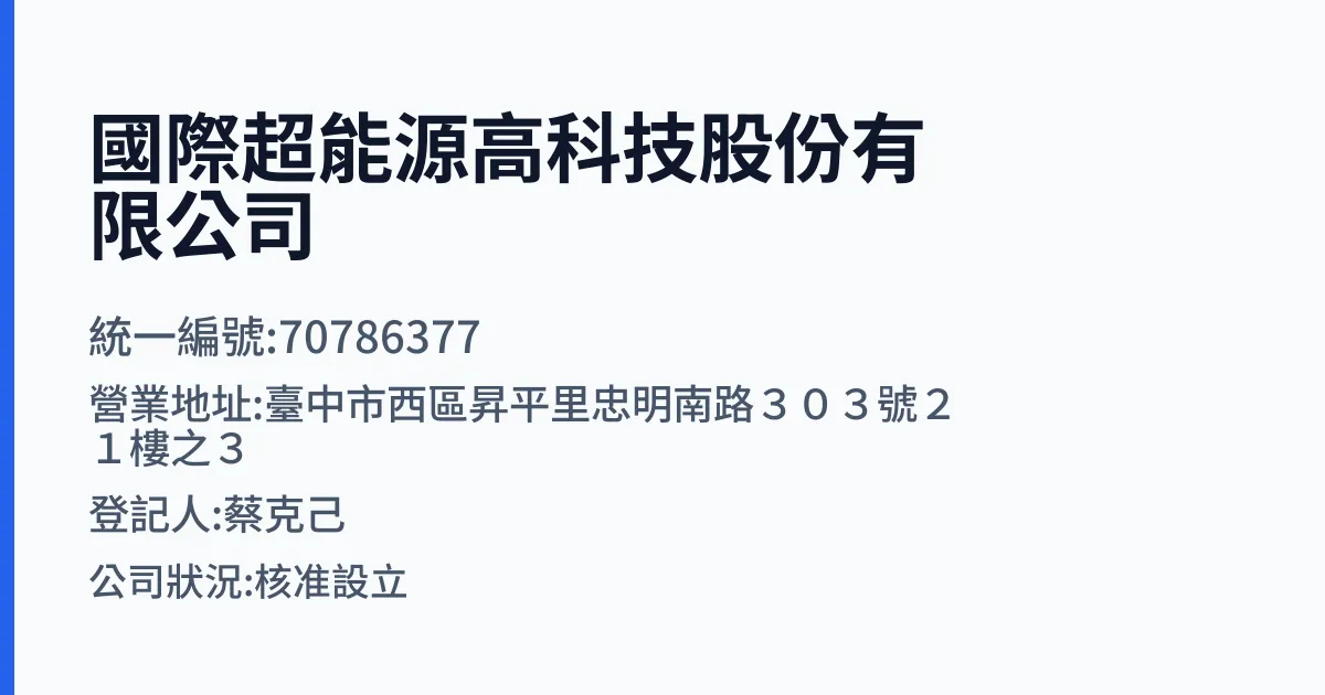 國際超能源高科技股份有限公司 - 統編 70786377(臺中市) 公司登記資料與營業項目詳細圖表