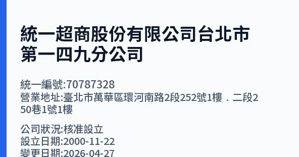 統一超商股份有限公司台北市第一四九分公司的照片-統編 70787328(臺北市) 公司登記資料與營業項目詳細圖表