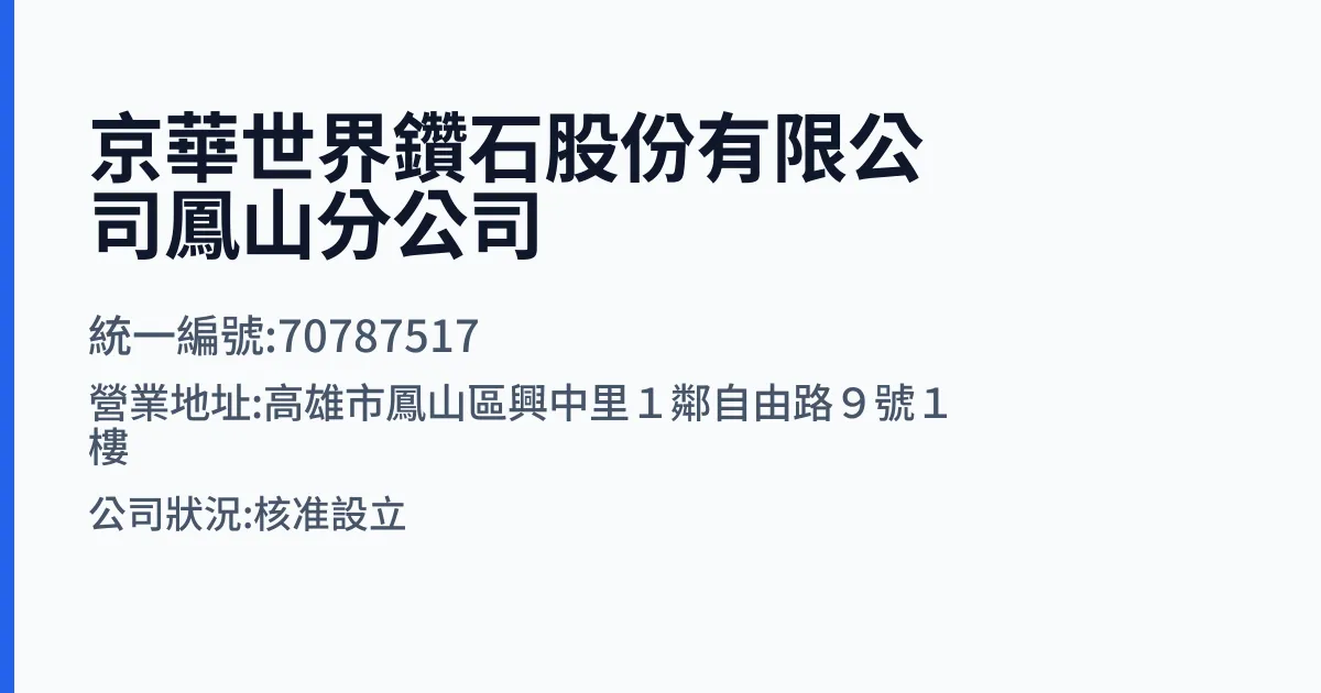 京華世界鑽石股份有限公司鳳山分公司 - 統編 70787517（高雄市） 公司登記資料與營業項目詳細圖表