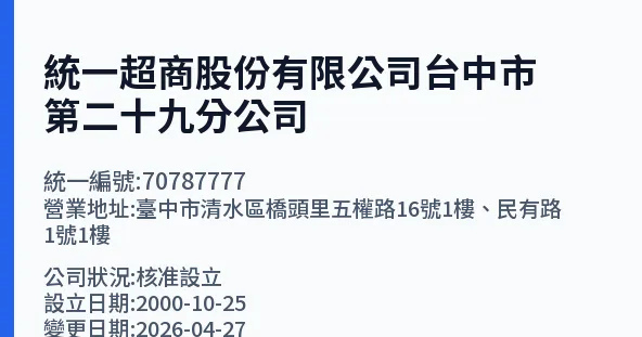 統一超商股份有限公司台中市第二十九分公司的照片-統編 70787777(臺中市) 公司登記資料與營業項目詳細圖表
