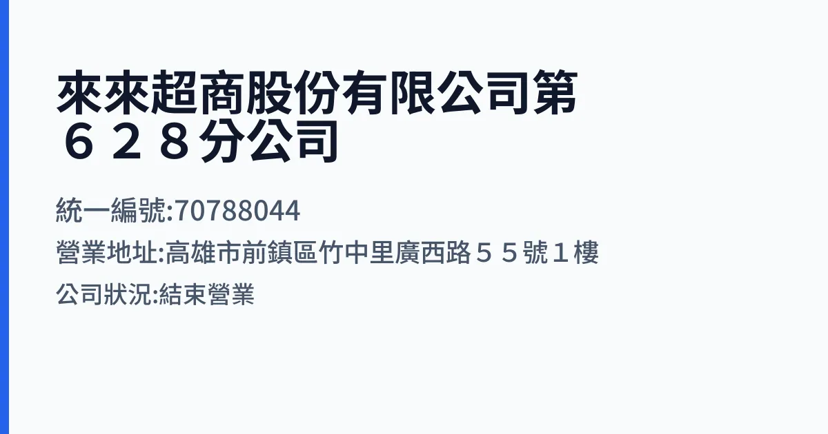 來來超商股份有限公司第６２８分公司 - 統編 70788044(高雄市) 公司登記資料與營業項目詳細圖表