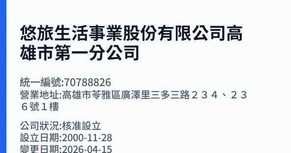 悠旅生活事業股份有限公司高雄市第一分公司的照片-統編 70788826(高雄市) 公司登記資料與營業項目詳細圖表