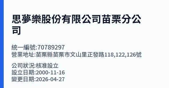 思夢樂股份有限公司苗栗分公司的照片-統編 70789297(苗栗縣) 公司登記資料與營業項目詳細圖表