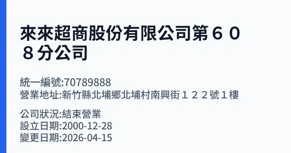 來來超商股份有限公司第６０８分公司的照片-統編 70789888(新竹縣) 公司登記資料與營業項目詳細圖表