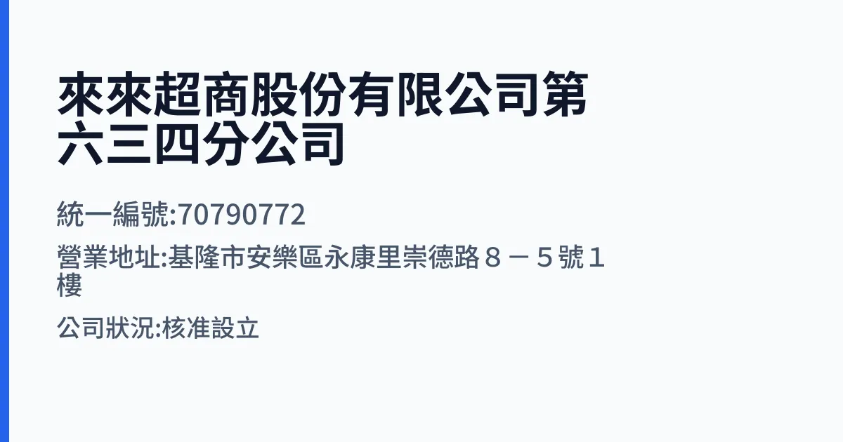 來來超商股份有限公司第六三四分公司 - 統編 70790772(基隆市) 公司登記資料與營業項目詳細圖表